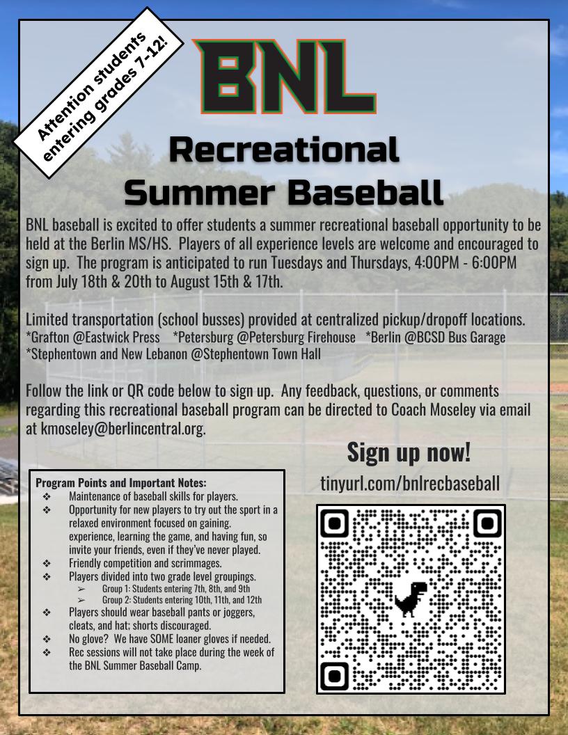 BNL Summer Baseball Opportunities | New Lebanon CSD
